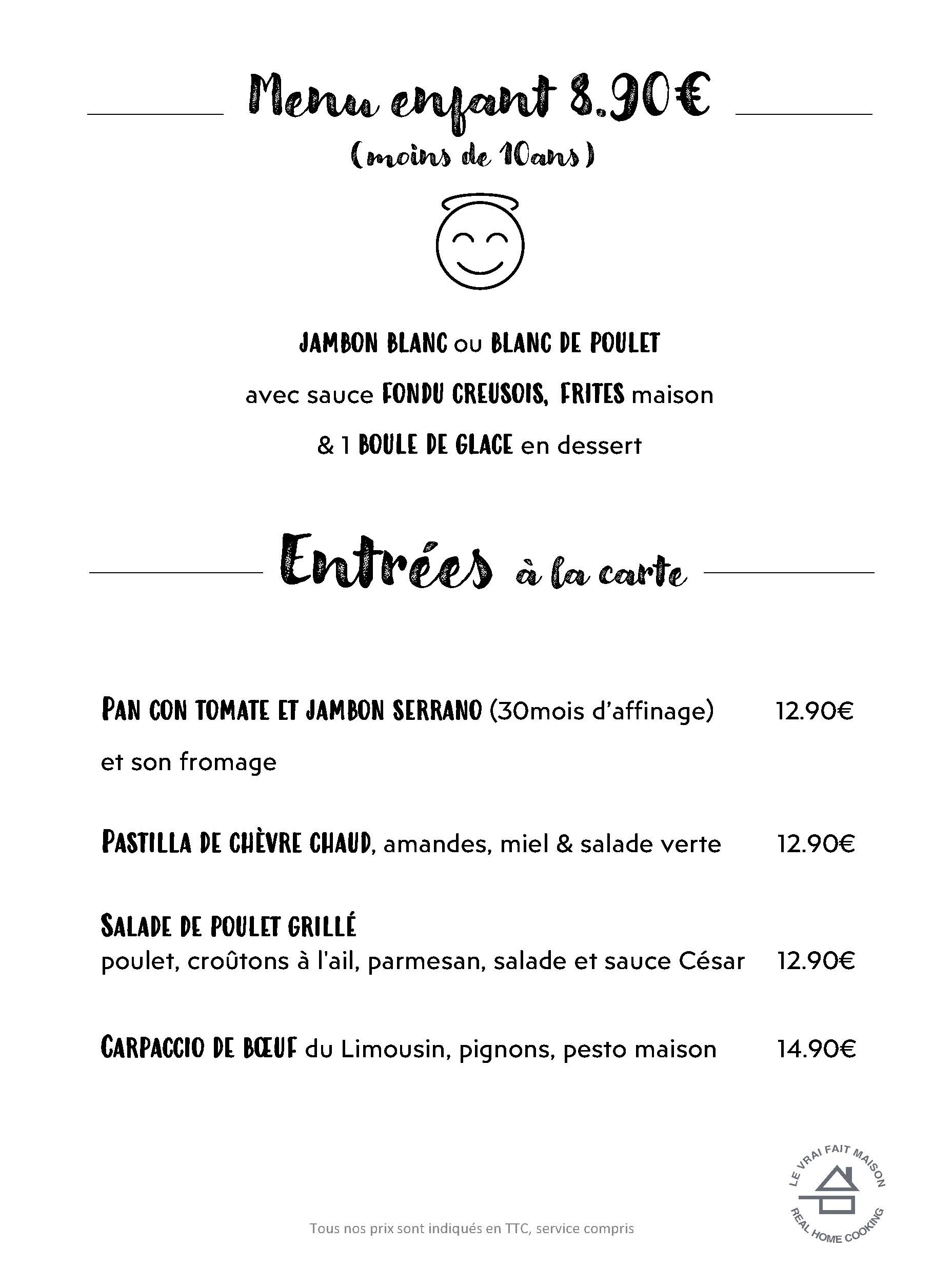 Menu du Restaurant - Le Chalet des Pierres Jaumâtres