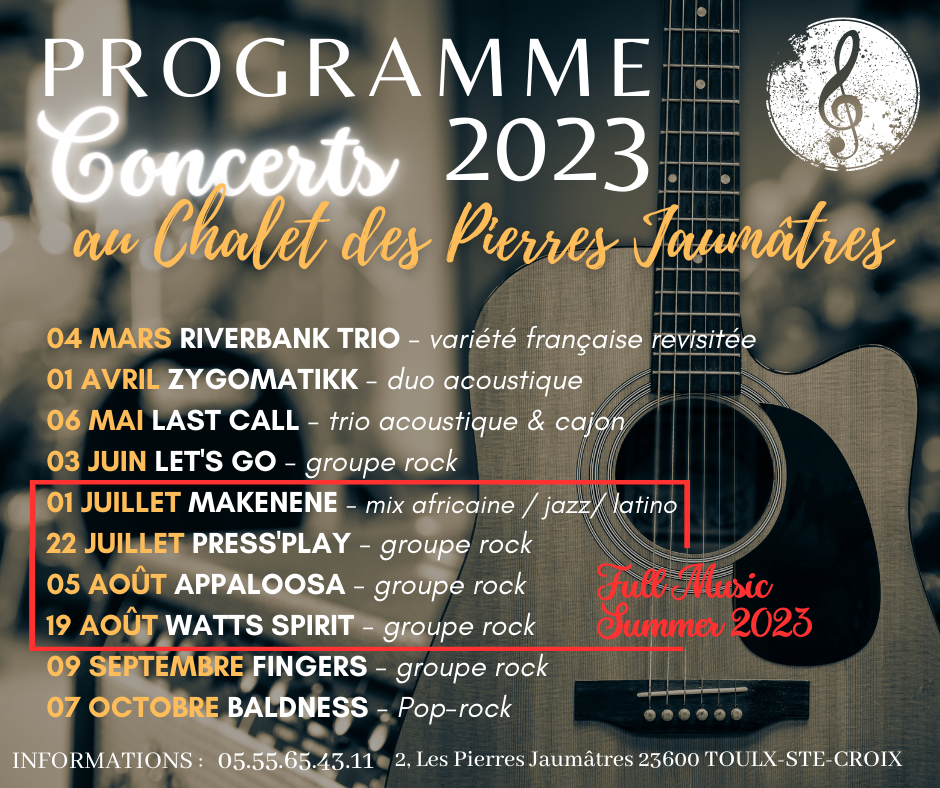 Programmation des concerts 2023 au Chalet des Pierres Jaumâtres - Le ...